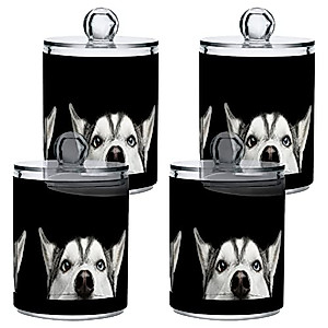 2 Pack Qtip Holder Dispenser Husky Dog Look Apothecary Jars with Lids Dog Plastic Acrylic Bathroom Vanity Countertop Canister Storage Organizer for Cotton Ball,Swabs,Pads,Floss