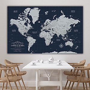 Holy Cow Canvas Personalized Navy Push Pin World Map on Canvas, Customize with Names, Travel Map with Pins Included to Track Your Travels, World Map Pin Board, Travel Themed Gift for People Who Travel