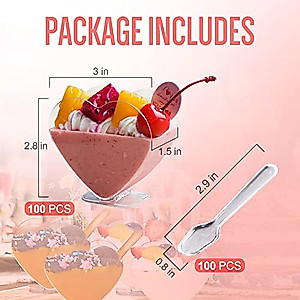 HJW 100 Pack 4 oz Clear Plastic Dessert Cups with Spoons, Mini Appetizer Serving Plates Disposable Bowls for Desserts, Appetizers, Puddings, Mousse, Fruit Parfait and More