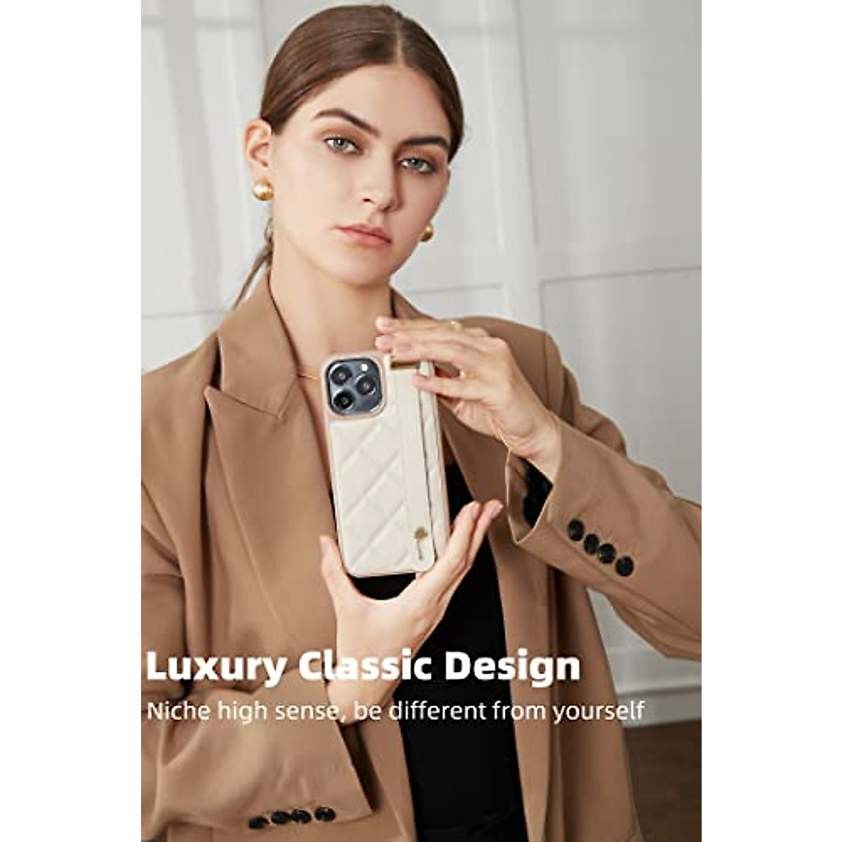 ZVE iPhone 13 Pro Max Case with Strap, Luxury Shockproof Quilted Leather Case with Stand for Women Cover Case Compatible with Apple iPhone 13 Pro Max, 6.7 Inch-Beige