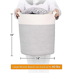 Syeeiex Rope Basket, 14''x 14''x 16'' Blanket Basket Woven Baskets for Storage, Tall Rope Baskets, Basket for Baby Toys, Clothes, Towels, Pillows, White & Grey