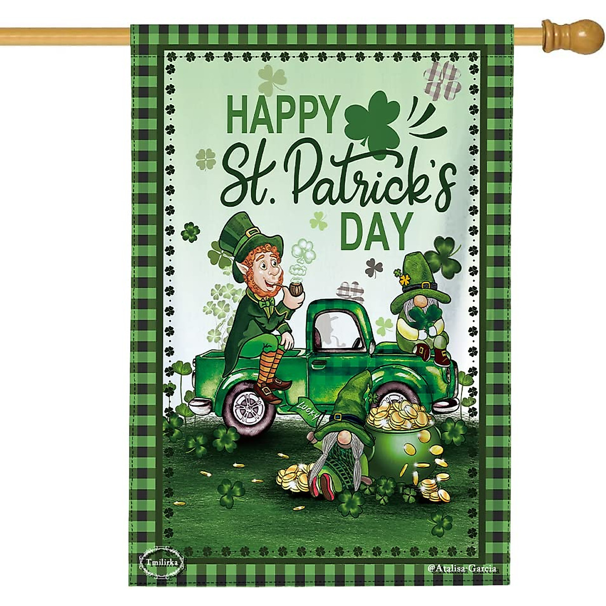 Happy St. Patrick's Day Buffalo Plaid Lucky Gnomes In Truck Green Garden Flag 28"x40" Double Sided Vertical Shamrock Clover Garden Flags For Outdoor Home Patio St Patricks Yard Flag Leprechaun Decor