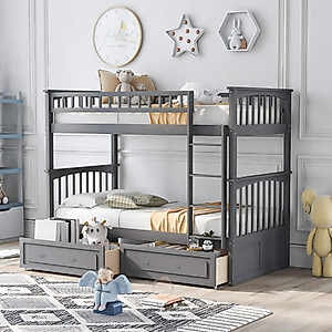 BIADNBZ Twin Over Twin Bunk Bed with Storage Drawers, Wooden Convertible BunkBed into 2 Platform Bedframe, for Kids Teens Adults Bedroom, Gray