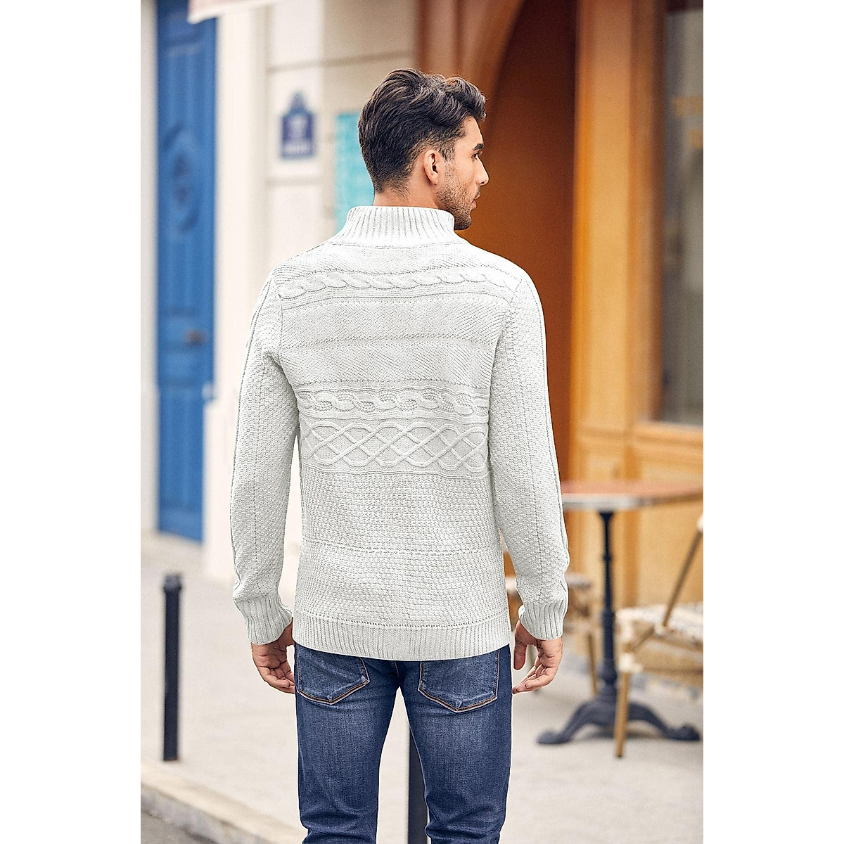 Karlywindow Mens Cable Knitted Cardigan Sweater Turtleneck Long Sleeve Slim Fit Winter Zipper Front Casual Pullover Sweaters