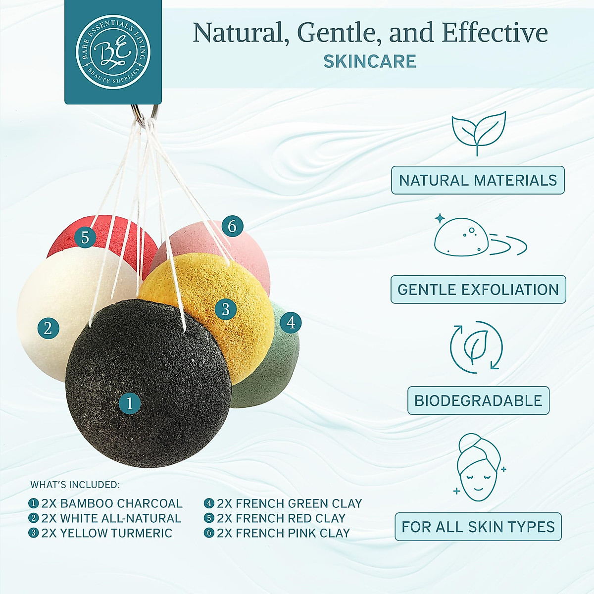 Bare Essentials Living - Konjac Sponges Set (12 Pack) with Activated Bamboo Charcoal Facial Sponge, Natural Sponge, Great for Facial Sponges, Bath Sponge, Beauty Sponge, and Exfoliating Body Sponge