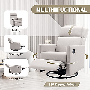 Merax Tan Modern Soft Linen Swivel Push Back Rocker Recliner w/Headsupport Adjustable Nursery Glider Chair for Living Room, Bedroom, Set of 1