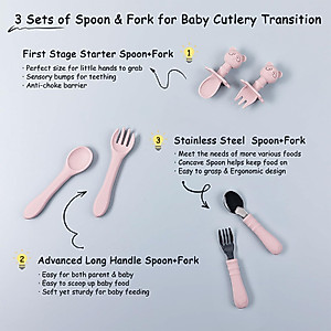 Vivalada Silicone Baby Feeding Set - 12PCS Baby Led Weaning Supplies, Baby Suction Plate with Lid and Bowl Set, Baby Self Feeding Spoons Forks Sippy Cup and Bib, Baby Eating Set 6+ Months (Pink)