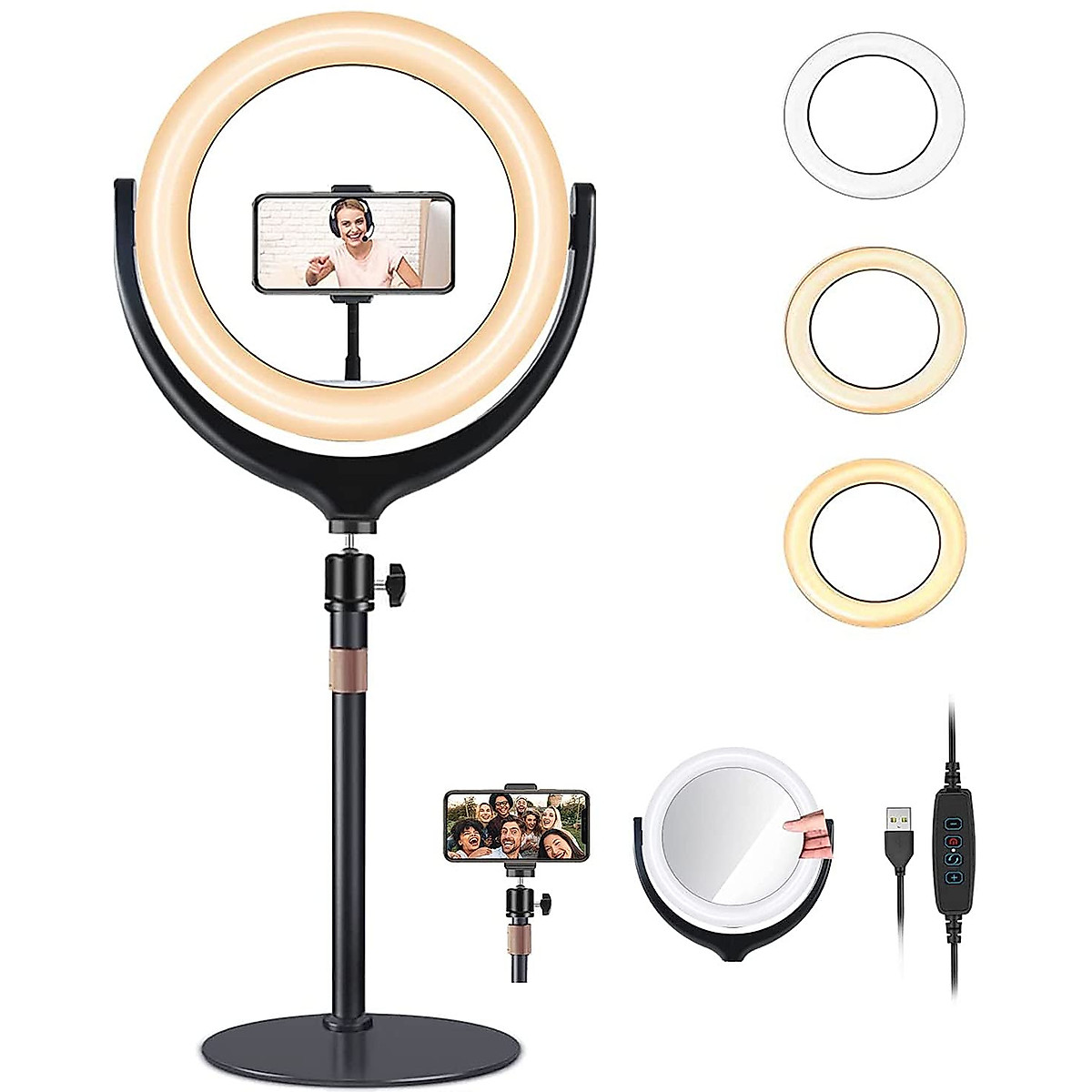 Auckoue 12'' Ring Light with Stand & Phone Holder, Dimmable Selfie Ring Light with Mirror, Desktop led Ring Light for Laptop Computer Video Conference, Live Streaming, YouTube, Vlogging, Makeup