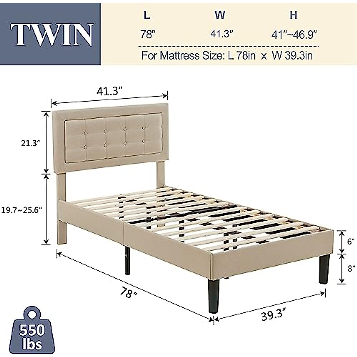 VECELO Twin Size Upholstered Bed Frame with Height Adjustable Fabric Headboard, Heavy-Duty Platform Bedframe/Mattress Foundation/Strong Wood Slat Support/No Box Spring Needed, Beige