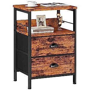 Furologee Nightstand with 2 Fabric Drawers, Bedside Table, End Table with Open Wood Shelf, Side Sofa Table with 2 Hooks for Bedroom/Living Room/Study/Halway/Rustic Brown