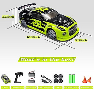 RACENT 2.4GHz 4WD 25KPH High Speed RC Drift Car with LED Lights, PVC Shell, ABS Base, Rechargeable Batteries, Toy Gift for Kids & Adults