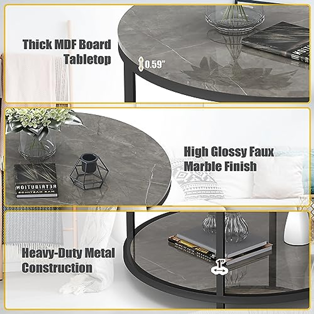 WiberWi Round Coffee Table 33.5" Coffee Tables for Living Room High Glossy Faux Marble Top Modern Circle Table Sturdy Black Metal Frame Legs Cocktail Table with Storage Open Shelf