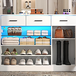 Wardrobe Armoire Closet with Charging & LED Light,Walk-in Closet Island Dresser with Glass Showcase,3 Drawers & Doors, Modern Storage Display Cabinet with Bench for Bedroom,Fitting Room & Shops（White）