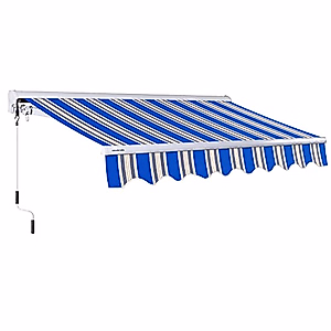 ADVANING MA1210-A447H2 Luxury Series, Premium Quality Manual Retractable Patio Awning, 100% Solution Dyed European Acrylic Easy UV Sunshade Manual Hand Crank, 12'x10', Ocean Blue - Sand Beige Stripes