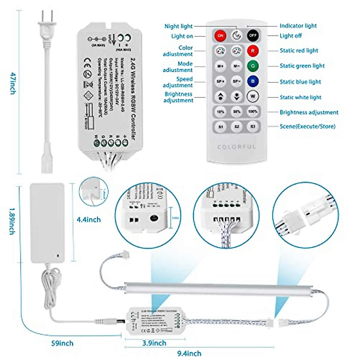 Kitchen Under Cabinet LED Light. RGBW. Color Change & Super Bright Cool White Light. Remote with Dimming. 6 LED Light Bars with Power Adapter, Extension Cable. Plug in. Easy to Install. RGB + 4000K.