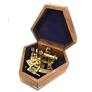 Maritime Kelvin & Hughes London Antique Brass Nautical Ship Sextant (with Triangular Wooden Box)