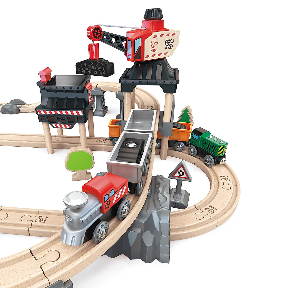 Hape Crane and Cargo Train Set | Wooden Railway Toy Set with Magnetic Crane, Button Operated Loader and Adjustable Rail Signal