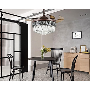Ruiwing 42" Luxury Ceiling Fan Contemporary Chic Crystal Chandelier Fan Brown Retractable Ceiling Fans Light LED 3 Color Setting for Bedroom Living Room