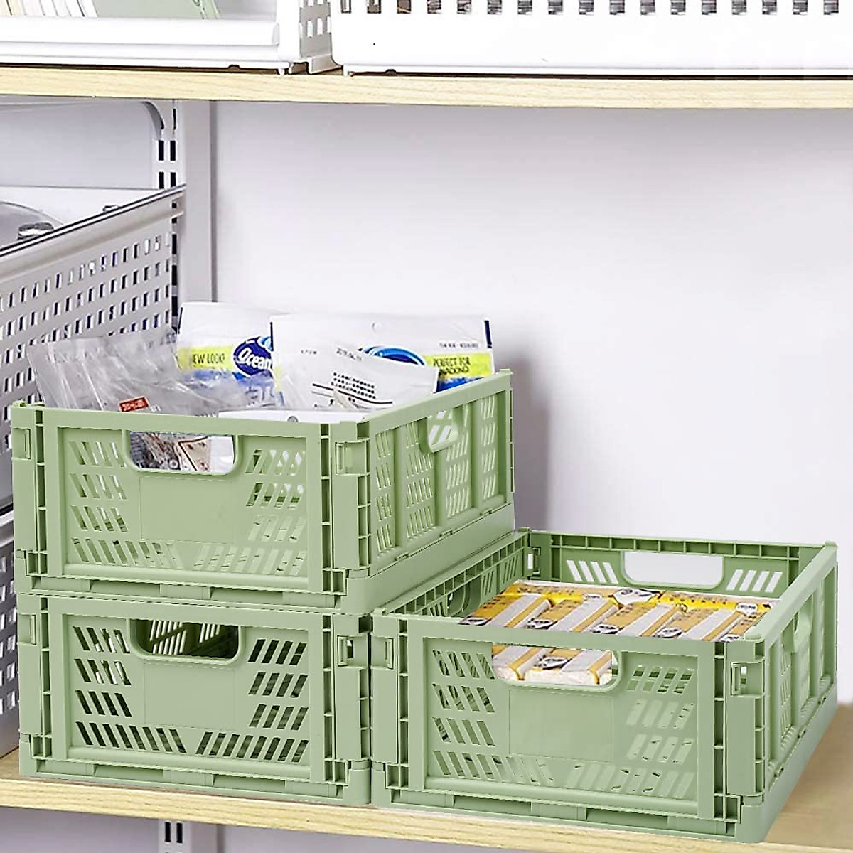 Phyllia 4 Pack Plastic Storage Baskets, Pantry Organizer Basket Bins with Handles, Foldable Storage Baskets for Organizing Shelves Closet Home Kitchen Bathroom Office (Green, 13.3"x10.2"x5.1")