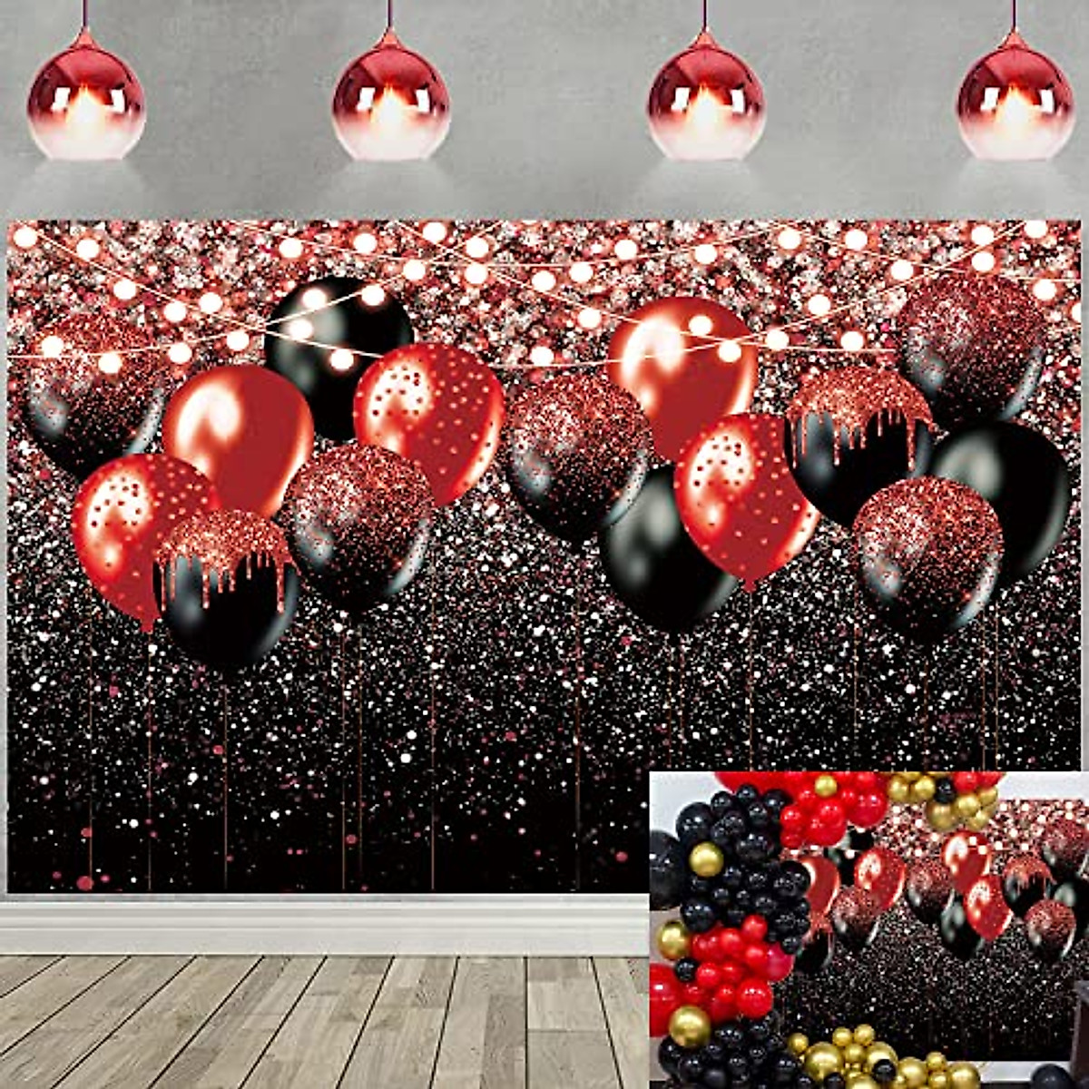 Red and Black Glitter Backdrop Balloons Bokeh Birthday Photography Background for Men and Women, Suitable for Wedding Prom Party Decoration Banner Props 7x5FT(Width 210cm x Height 150cm)