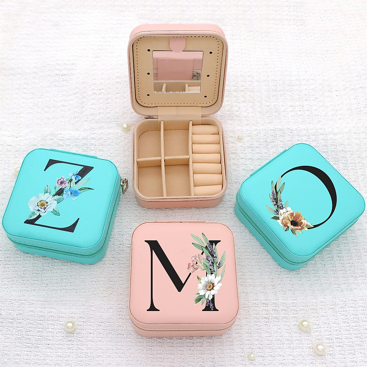 XVX Personalized Mini Jewelry Organizer Box - Ideal Birthday & Graduation Gifts for Daughters, Granddaughters | Travel Initial Jewelry Case for Girls Women-Cyan Z