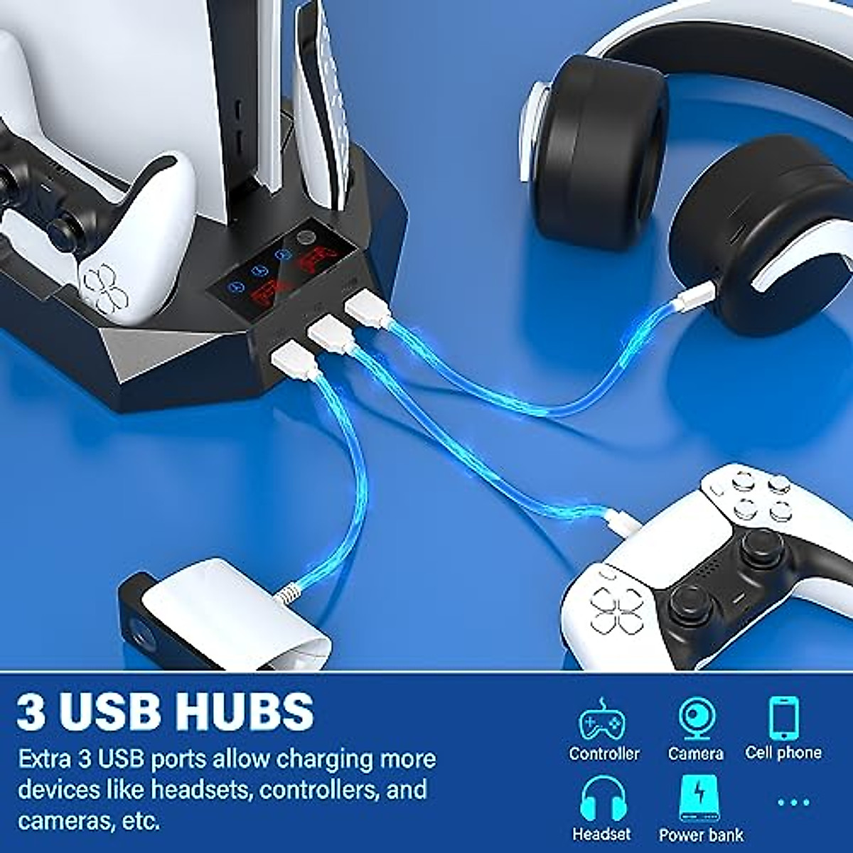 DBEPANK Stand and Cooling Station with Dual Controller Charging Station for PS5 Vertical Stand with Headset Holder for PS5 Accessories for Playstation 5 Console Cooling Fan Stand Black