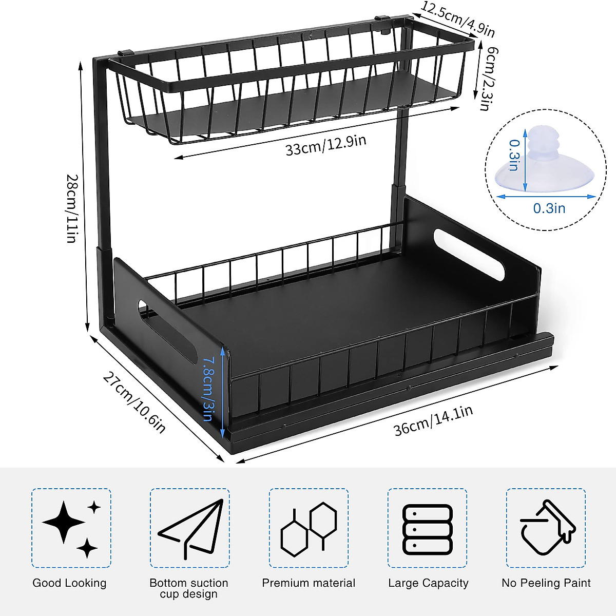 Aoche Under Sink Organizer, 2-Tier Metal Under Cabinet Organizer Pull Out Bathroom Organizer L Shape Undersink Organizers and storage for Kitchen Bathroom Storage Home Organization