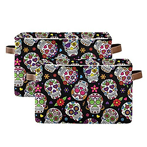 AGONA Large Foldable Storage Bin Colorful Dead Sugar Skull Storage Bins Collapsible Decorative Fabric Storage Baskets with Leather Handles for Home Closet Bedroom Organizer Nursery 1 Pack