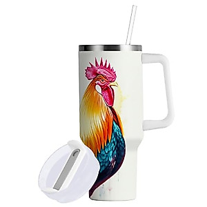 ODAWA Large Travel Coffee Tumbler with Straw and Handle, Rooster Beige Spill Proof Tumbler with Straw