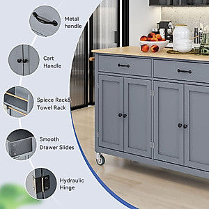 LETESA Rolling Mobile Kitchen Island 54.3'' with Solid Wood Top and 2 Locking Wheels, Adjustable Storage Shelves 4 Door Cabinet and Two Drawers Spice Rack, Towel Rack for Dining Room (Blue)