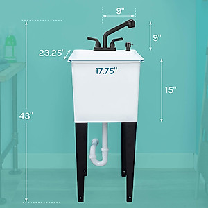 White Space Saver Utility Sink by JS Jackson Supplies, Freestanding Tehila Space Saving Laundry Tub, Black Pull-Out Faucet, Soap Dispenser