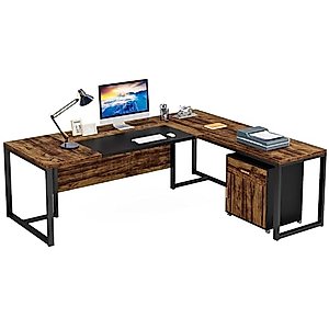 LITTLE TREE 70.8 Inches Executive Office Desk with File Cabinet, Large L Shaped Executive Desk with Storage Cabinet, Modern Office Desk with Drawers for Home Office(Rustic Brown Black)