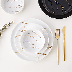 Pokini Gold Splash Dinnerware Sets, 12-Pieces Plates and Bowls Sets, Modern Marble Porcelain, Dishes Set for 4, White