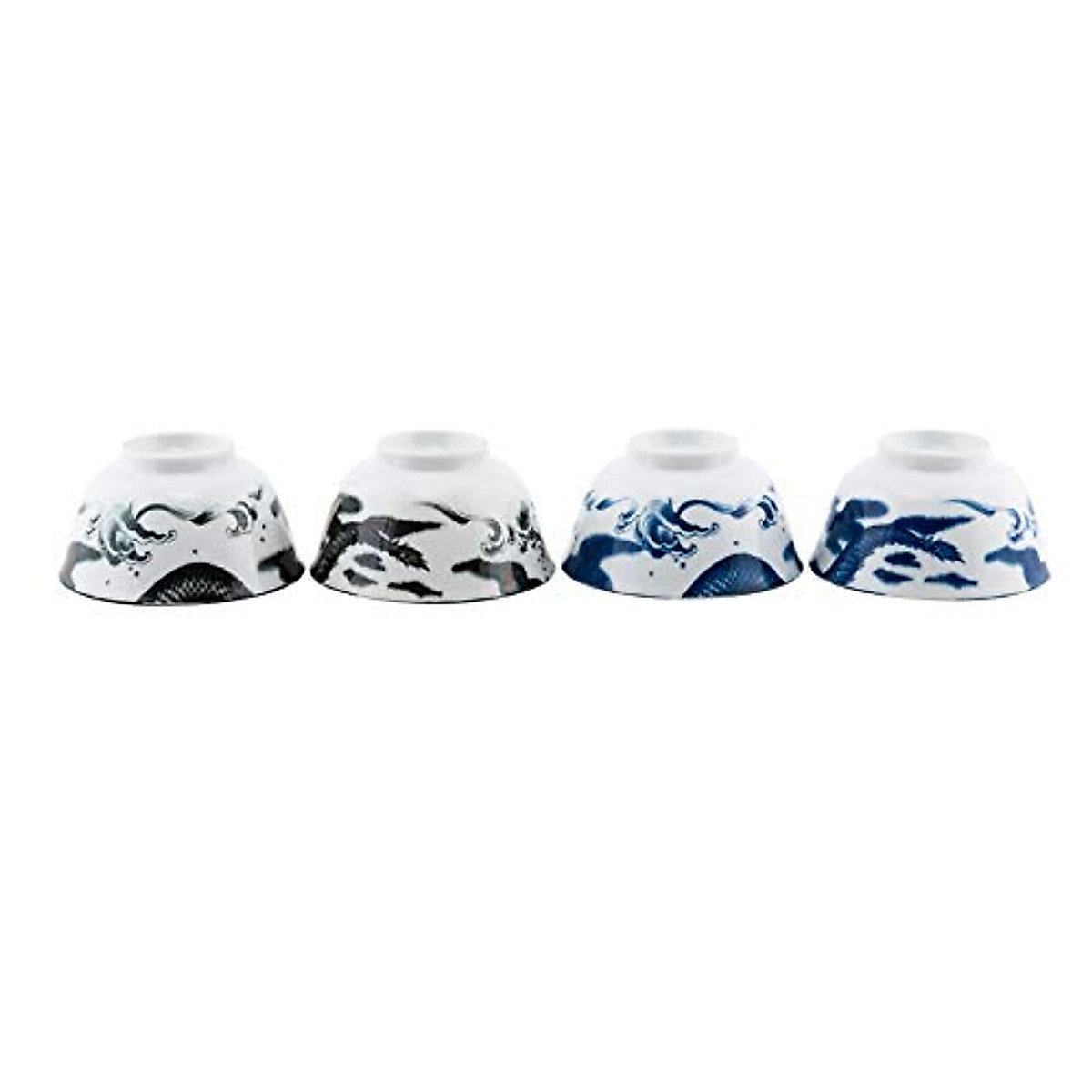 Authentic Japanese Porcelain Rice Bowl Set of 4 Oriental Dragon Blue and Black Gift Set Made In Japan (5"D x 2.75H)