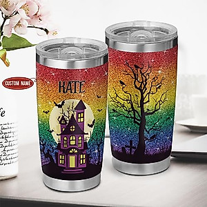 LIZZHOME Personalized Halloween Tumbler Witches 20 oz Travel Coffee Mug, Rainbow Glitter Haunted House Coffee Cups Halloween for Friends, Family, Fall & Halloween Tumbler