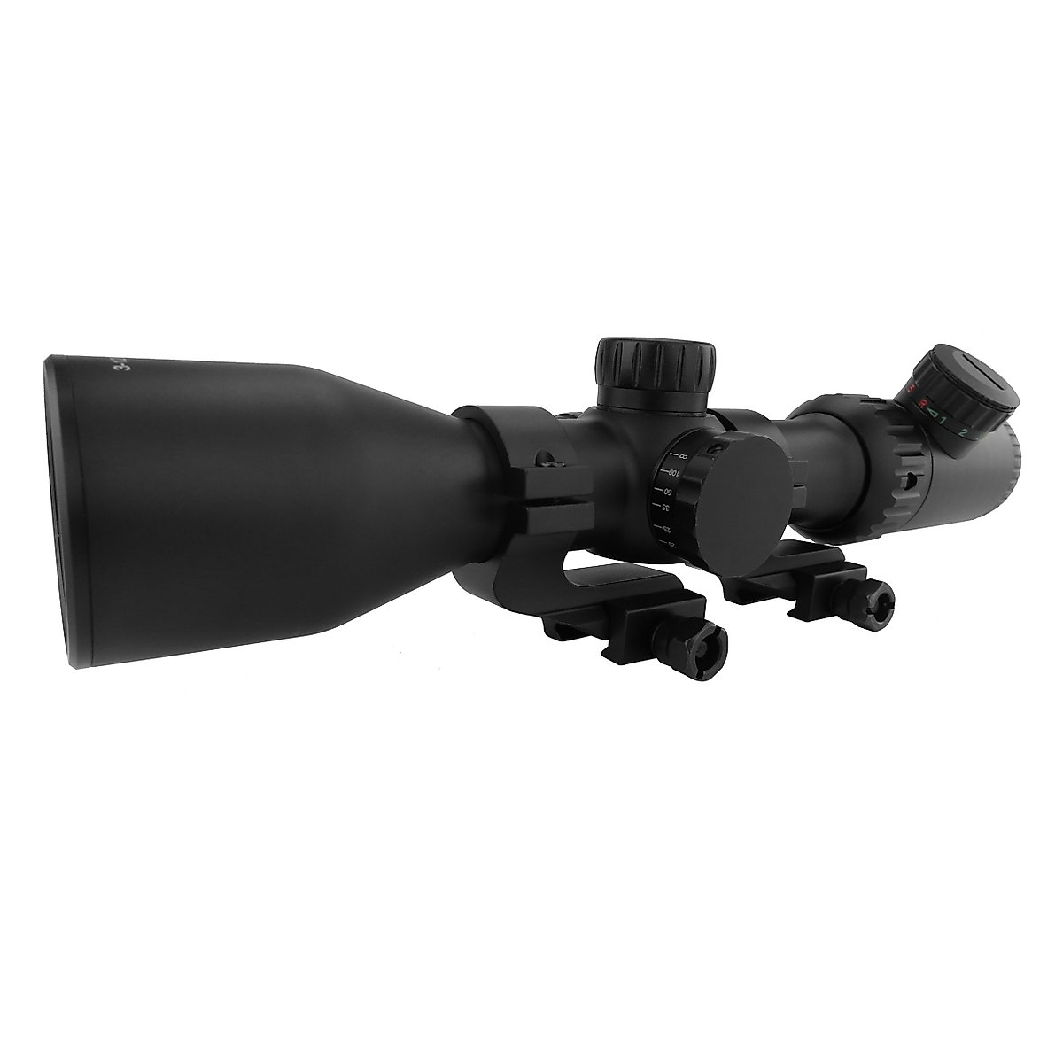 Monstrum 3-12x42 AO Rifle Scope with Illuminated Mil-Dot Reticle and Offset Reversible Scope Rings | Black