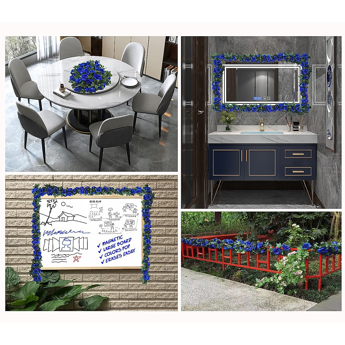 Yebazy 4PCS(30FT) Artificial Rose Vine Fake Rose Garland Artificial Flowers for Hotel Wedding Home Party Garden Decor（Royal Blue）