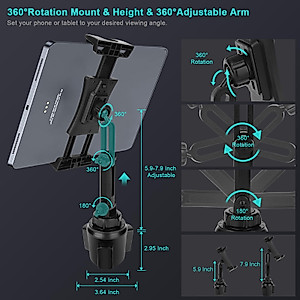 Cup Holder Car Tablet Mount, Universal 360° Rotation Adjustable Long Arm Holder Stand for iPad Pro 12.9/11/10.5/9.7/Air/Mini 6/5/4, Samsung Galaxy Tab/Z Fold 6/5, Amazon Fire HD, 4.7-12.9" Tab & Phone