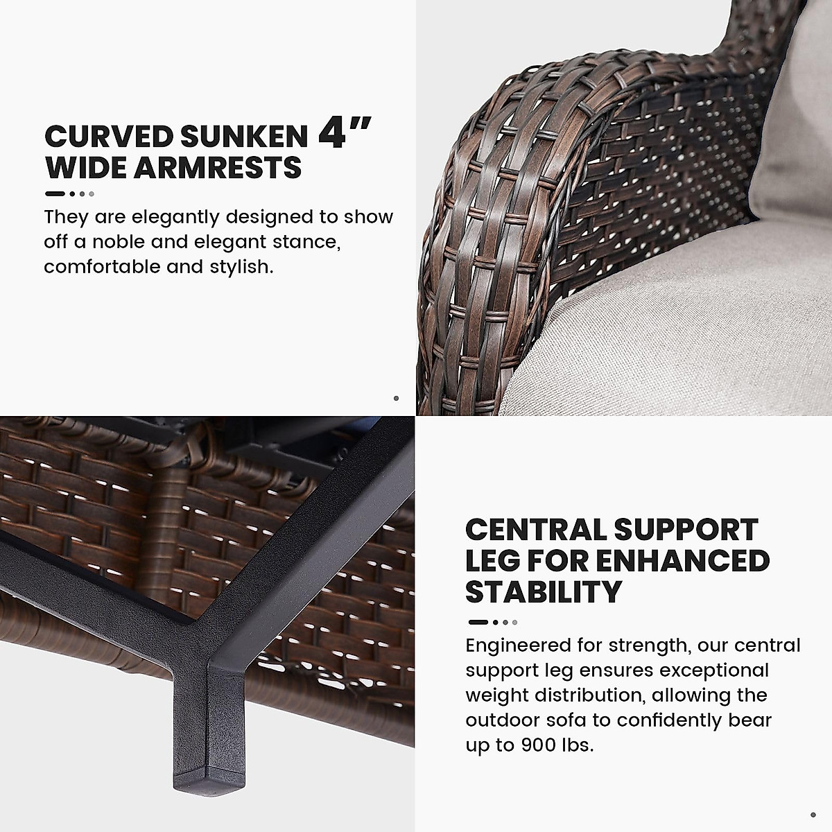 Belord Outdoor Furniture 3-Seater Rattan Sofa Patio Wicker Sofa Couch Furniture Set with Washable Cushions