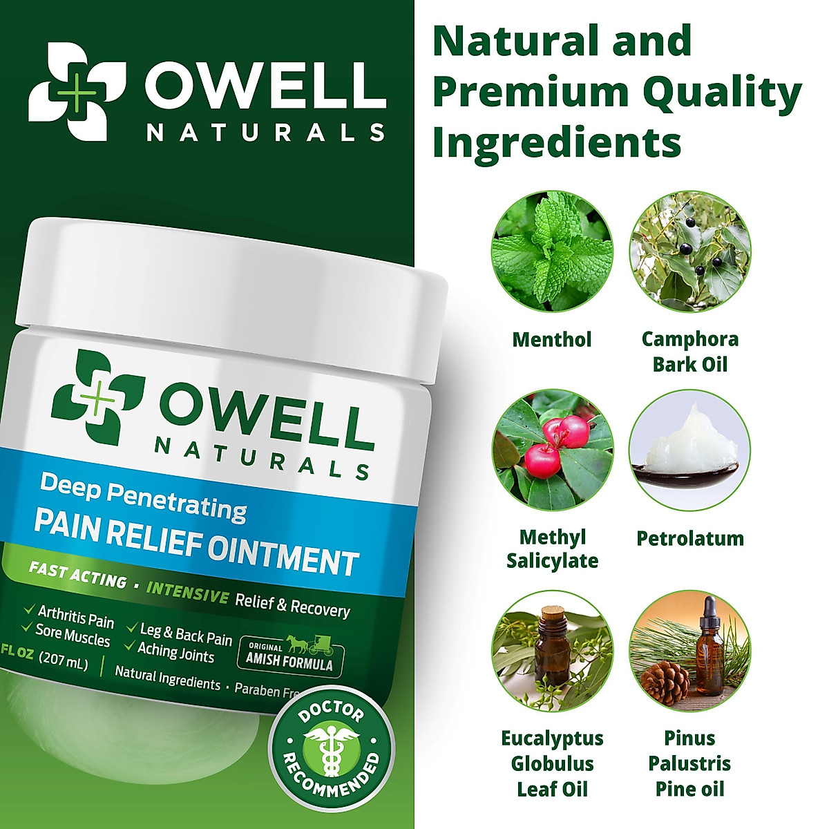 OWELL NATURALS Pain Relief Ointment - 7 oz - Maximum Strength All Natural Discomfort Reliever for Joint, Muscle, Knee, Back, Neuropathy - 5 Powerful Ingredients