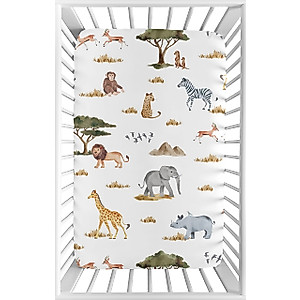 Sweet Jojo Designs Jungle Animals Boy Girl Fitted Mini Crib Sheet Baby Nursery Portable Crib Pack and Play Hunter Green Yellow Grey Black White Wildlife Safari Animal Elephant Giraffe Monkey Leopard