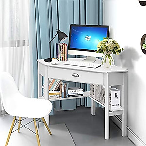 Tangkula White Corner Desk, Corner Computer Desk with Drawer for Small Space, Small Corner Makeup Vanity Desk, 90 Degrees Triangle Corner Desk with Storage Shelves