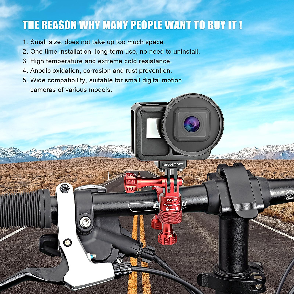 Forevercam Bike Handlebar Mount for Gopro Hero 13/12/11/10/9/8/Insta360/AKASO/DJI Osmo Aluminum Bike/Motorcycle Mount 360°Rotation and Lock Any Direction（Red）