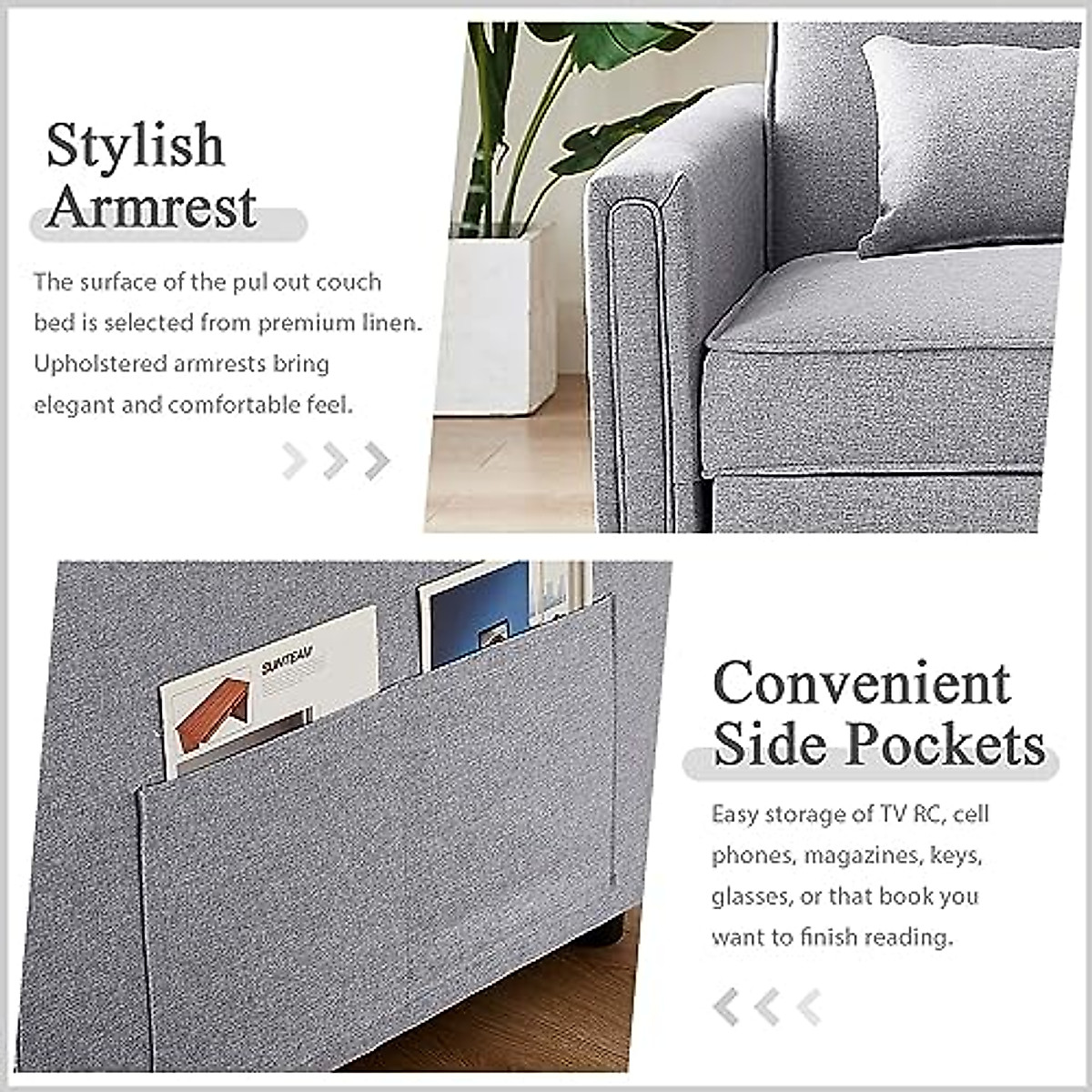 Antetek Sleeper Sofa Couch Bed, 54" Modern Linen 3 in 1 Convertible Loveseat Sleeper with Pullout Bed, Small Love seat Futon Sofa w/Adjustable Backrest for Living Room Bedroom, Light Grey