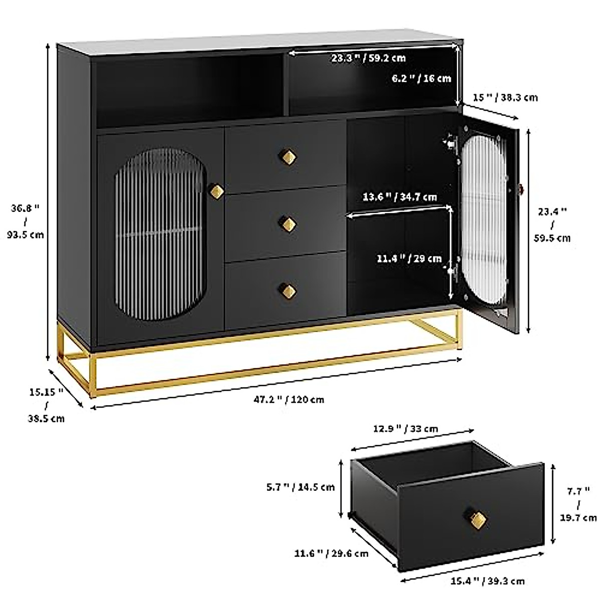 finetones Sideboard Buffet Cabinet with Storage, 47.2" Large Kitchen Storage Cabinet with 3 Drawers and 2 Glass Doors, Buffet Cabinet Buffet Table Coffee Bar Cabinet for Kitchen, Dining Room, Black