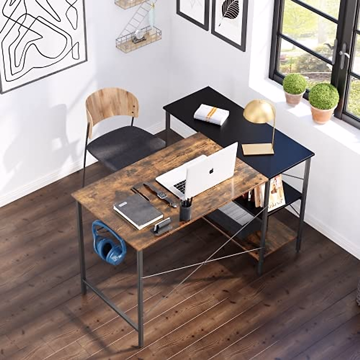 L-Shaped Black Linen + Retro Double Color Matching Desk