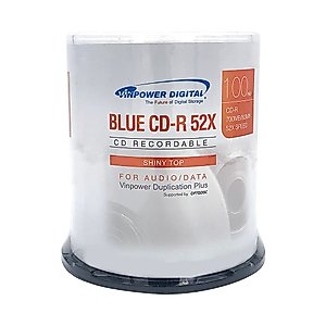 Vinpower Digital Blue AZO CD-R 700MB 52X Shiny Silver Top Recordable Media Disc - 100pk Cake Box 16M-115-BX (FFB), 100 Discs