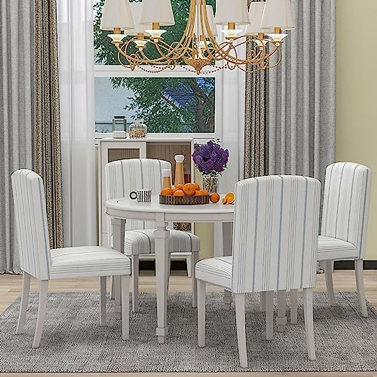 FIQHOME 5 Pieces Set, Round Solid Wood Legs and 4 Striped Fabric Upholstered Chairs, Dining Table for Small Spaces, Apartment,White