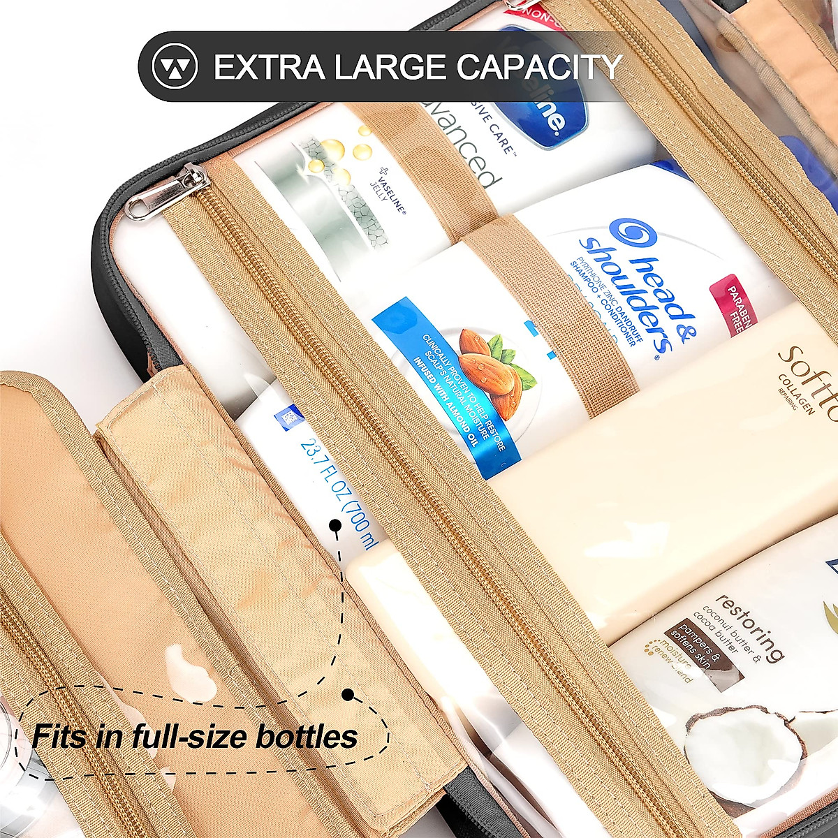 COOSKY Travel Hanging Toiletry Bag for Women, Holds Full-Size Shampoo, with Jewelry Organizer Compartment, Extra Large Makeup Bag, Waterproof Cosmetic Bag, Toiletries Kit Set with Trolley Belt, Black