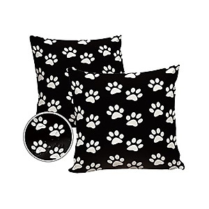 Outdoor Waterproof Throw Pillow Covers 16 x 16 Inches Set of 2 Dog Paw Prints Black and White Decorative Cushion Cover Pillowcase for Garden Patio Tent Beach Bedroom Livingroom Sofa Couch